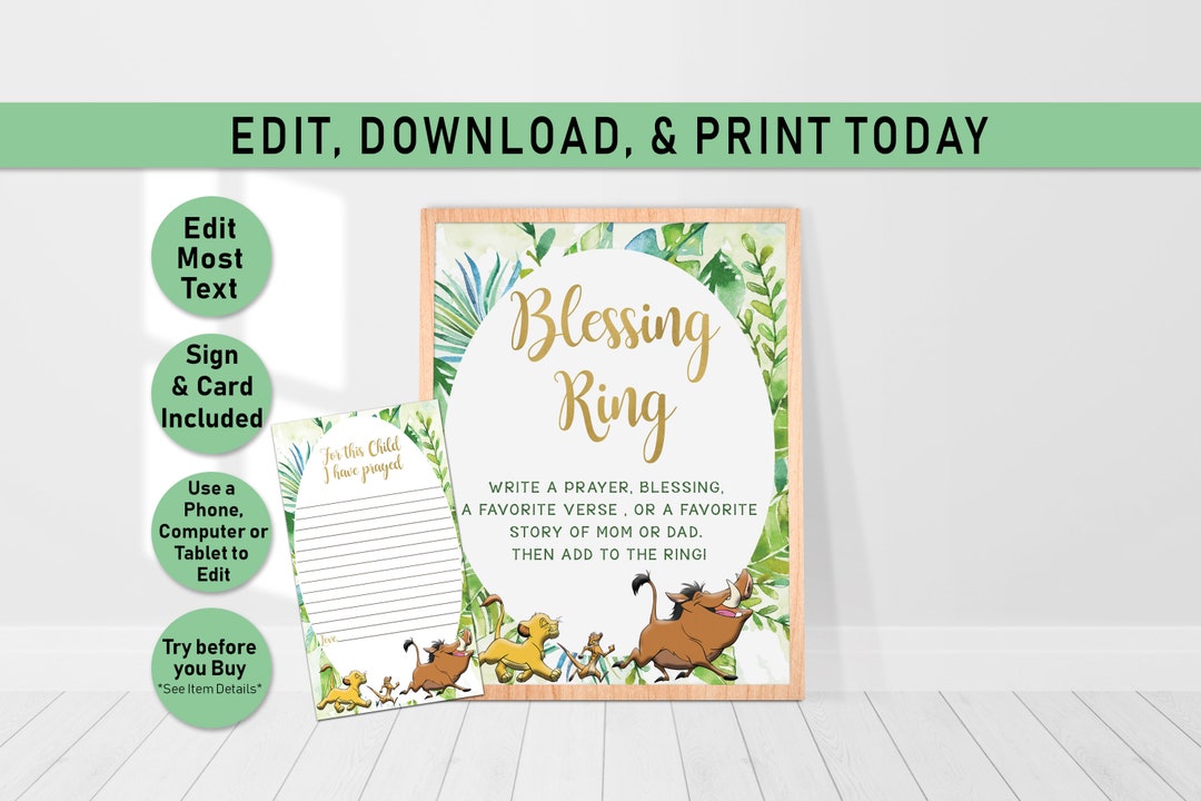Lion King Baby Shower Blessing Ring Sign Card, Editable Blessing Ring ...