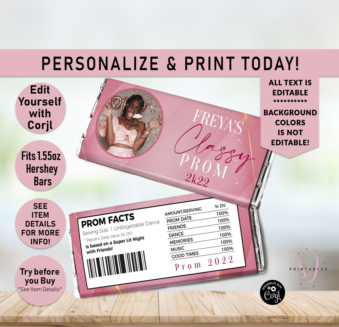 Pink and Gold PROM Candy Wrapper, Hershey Candy Bar Wrappers, Prom ...