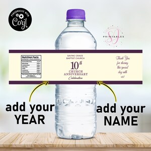 Church Anniversary ANY COLORS EDITABLE Water Bottle Labels, Church ...