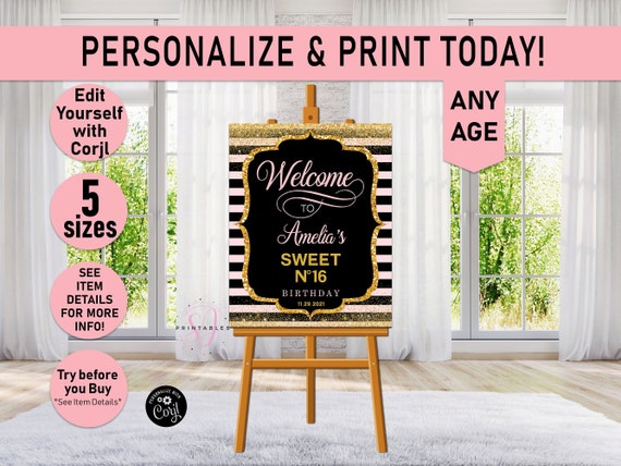 Designer Birthday Party Welcome Sign ANY AGE Teen Sweet 16 - Etsy