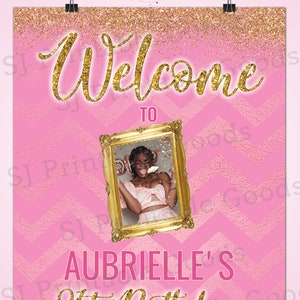 Shimmery Gold Glitter and Pink Welcome Sign, ANY AGE, Teen, Sweet 16 ...