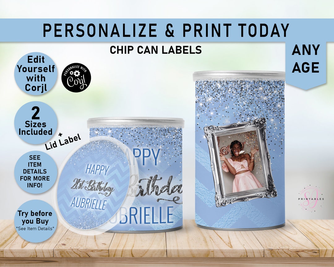 Shimmery Silver Glitter and Light Blue Birthday Mini Chips Can Label ...