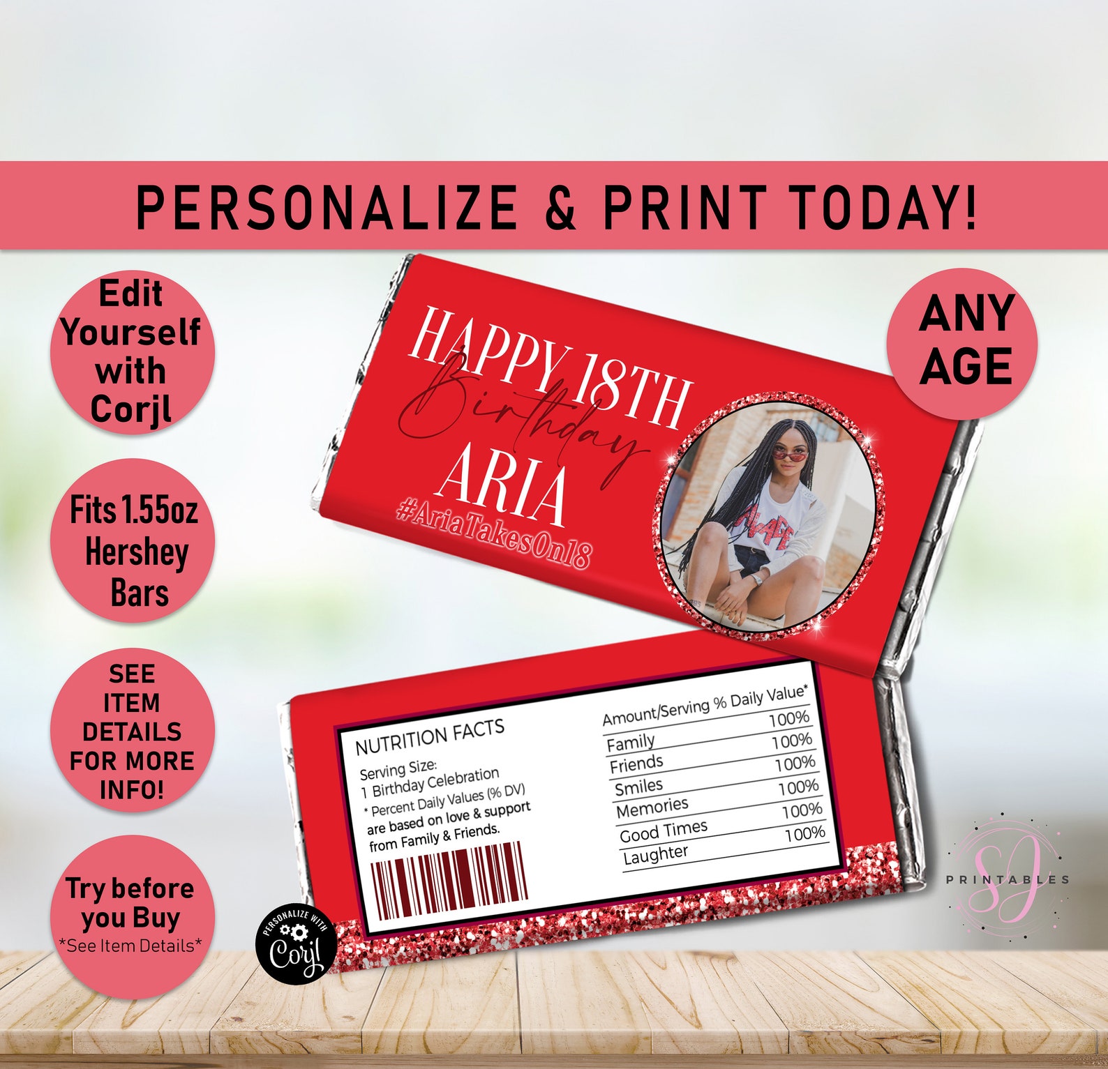 Red Birthday Hershey Candy Bar Wrappers, Red on Red Glitter ANY AGE ...