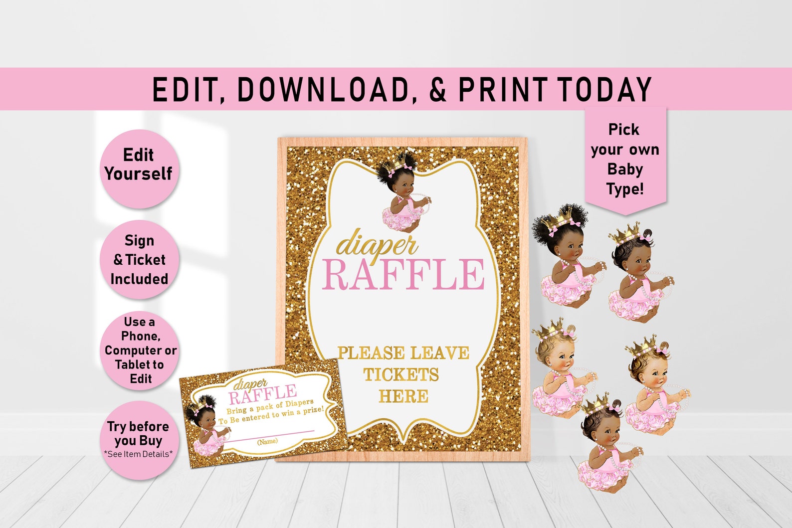 Pink Princess Diaper Raffle Sign and Ticket Pink Gold Diaper | Etsy