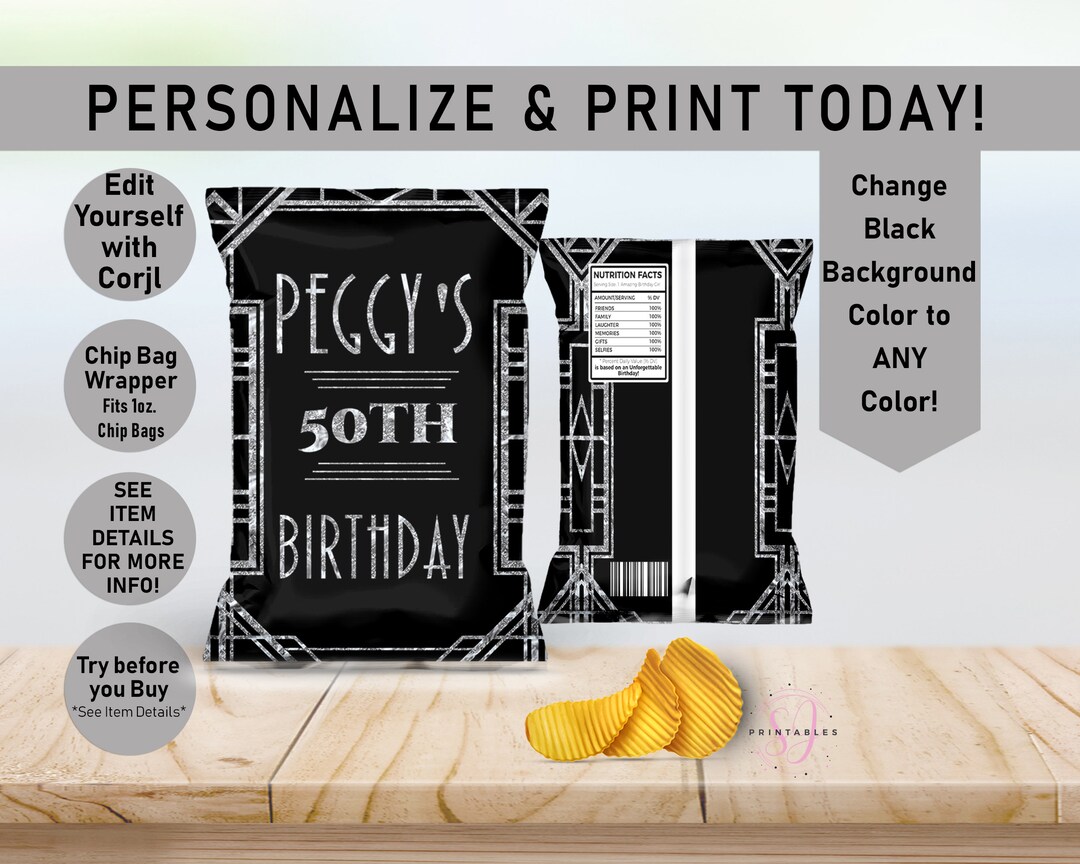Great Gatsby EDITABLE Birthday Chip Bag Wrapper, Printable Art, Silver ...