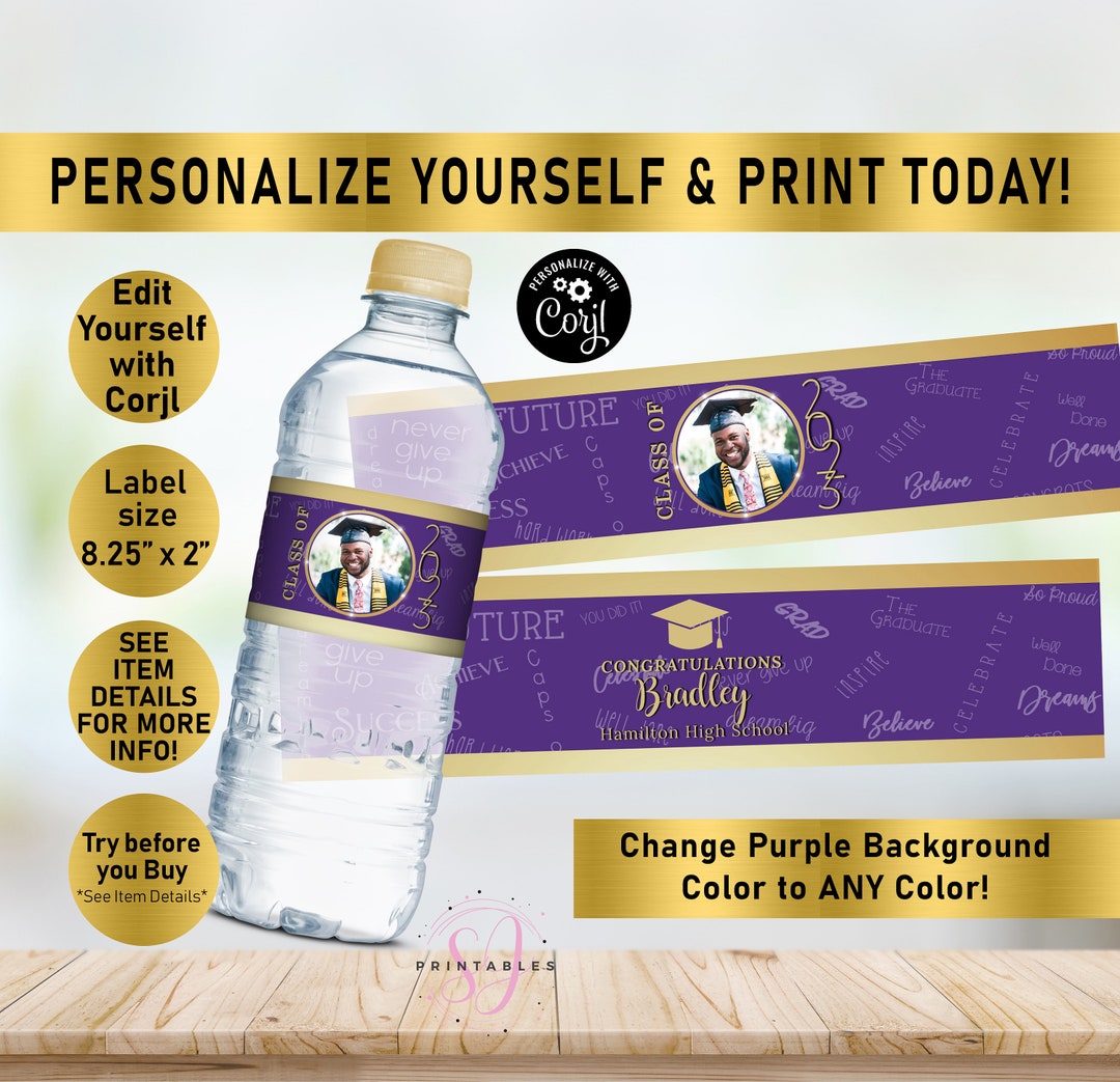 Gold Foil and ANY COLOR Graduation EDITABLE Water Bottle Labels, Class ...