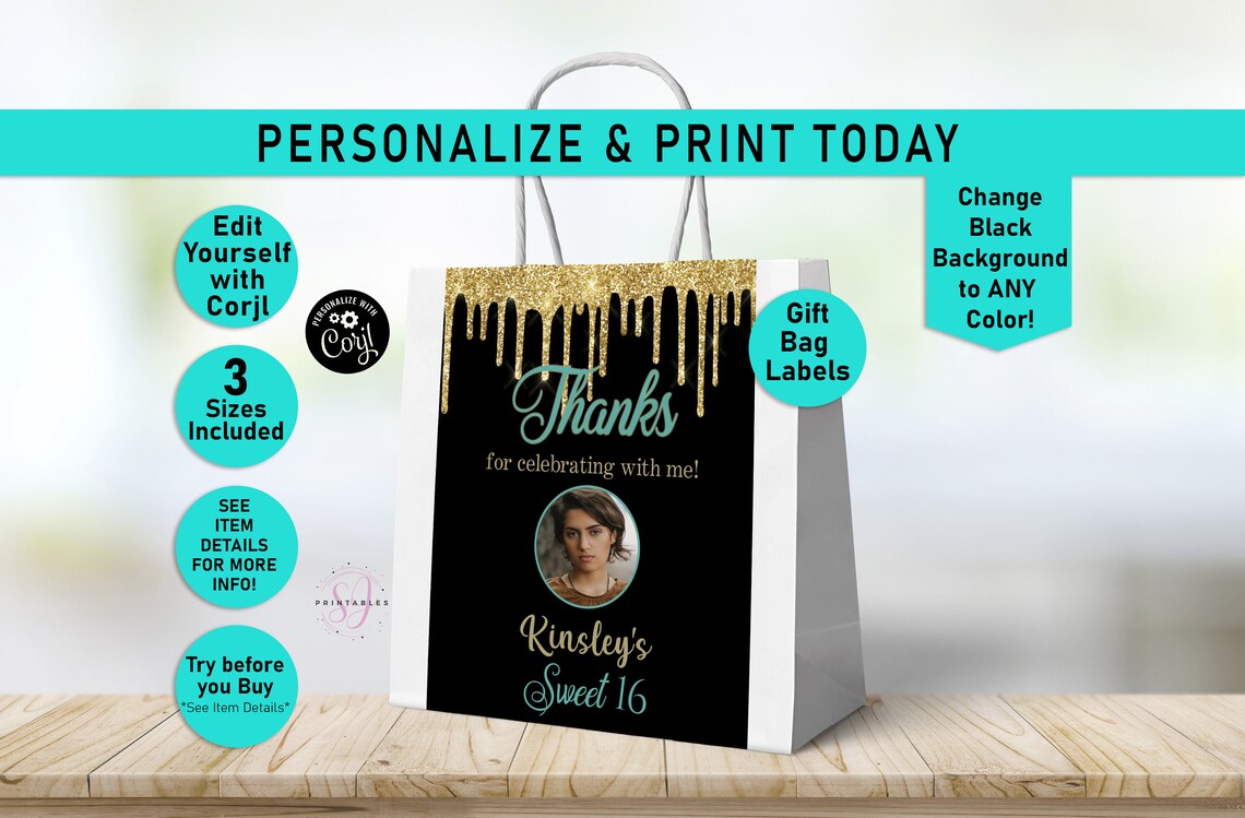 Gold Drip Glitter and ANY COLOR Birthday Gift Bag Labelgift - Etsy