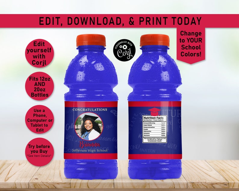 ANY COLOR Graduation EDITABLE Gatorade Bottle Labels 12oz - Etsy