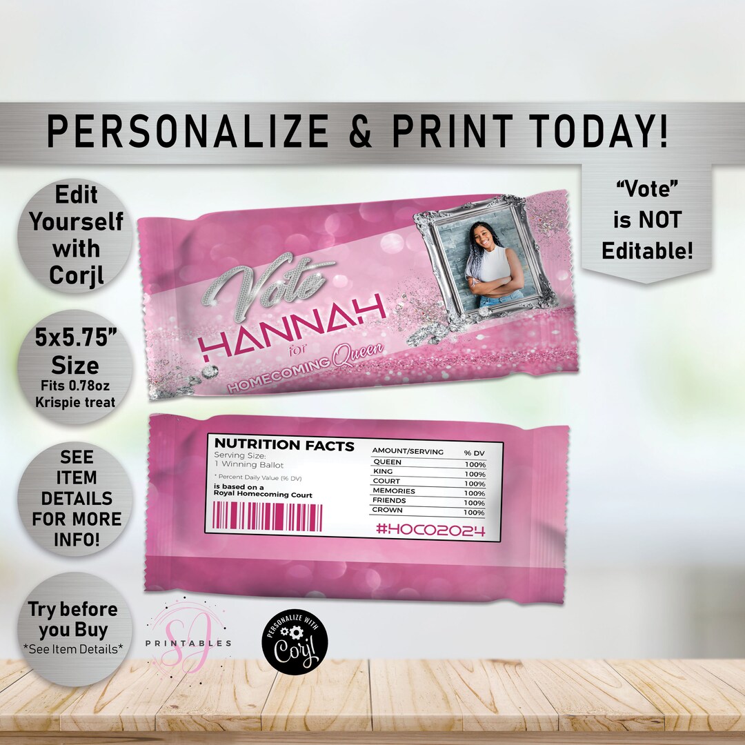 Vote HOMECOMING Queen Printable Rice Krispie Treats, Hoco, Pink, Silver ...