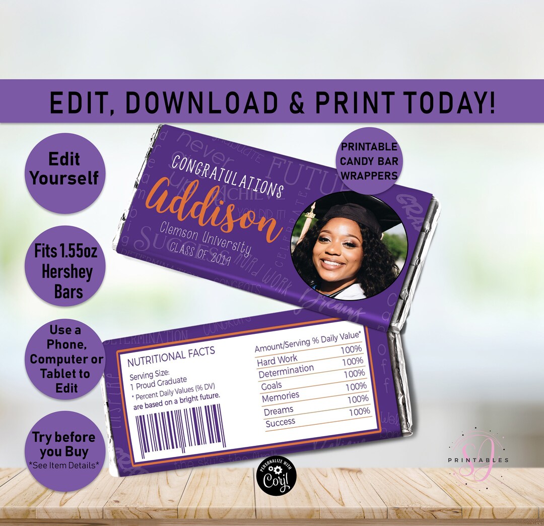 Congratulations Grad Candy Bar Wrapper, Purple, Orange, Clemson ...