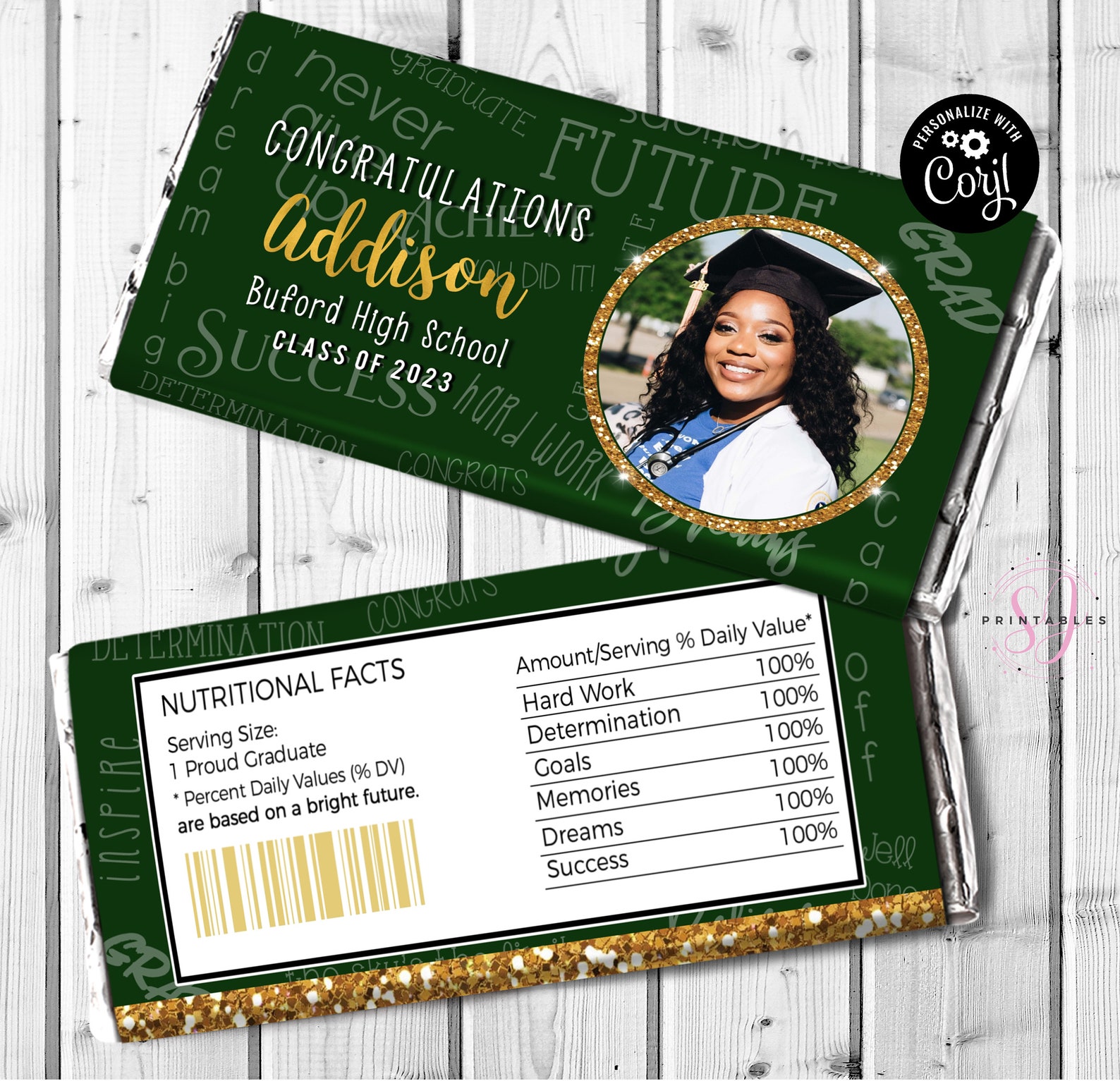 Congratulations Grad Candy Bar Wrapper, Gold Glitter and ANY Color ...