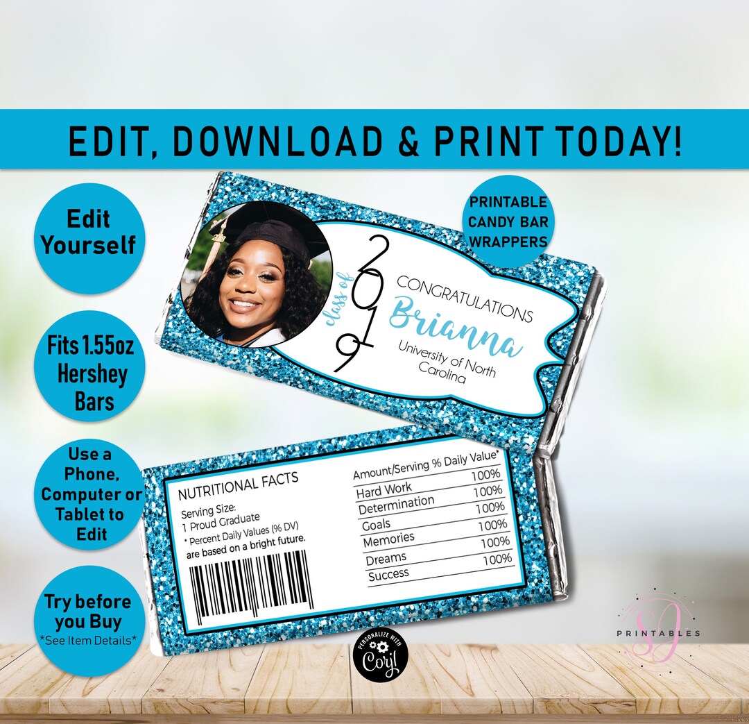 Graduation Candy Bar Wrapper, Light Blue, Chocolate Wrappers, Class of ...