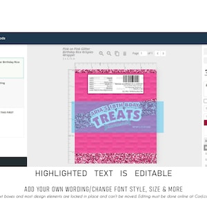 Rice Krispies TREAT Labels, Pink on Pink Glitter ANY AGE Birthday Rice ...