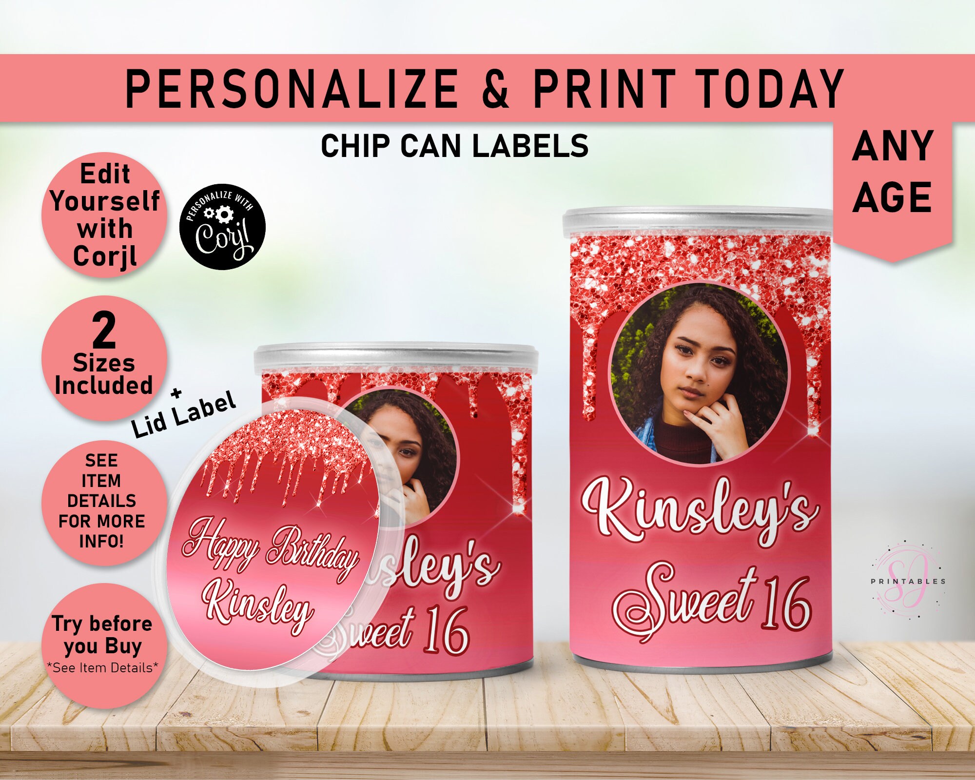 Red Drip Glitter Birthday Mini Chips Can Label Chip Can | Etsy