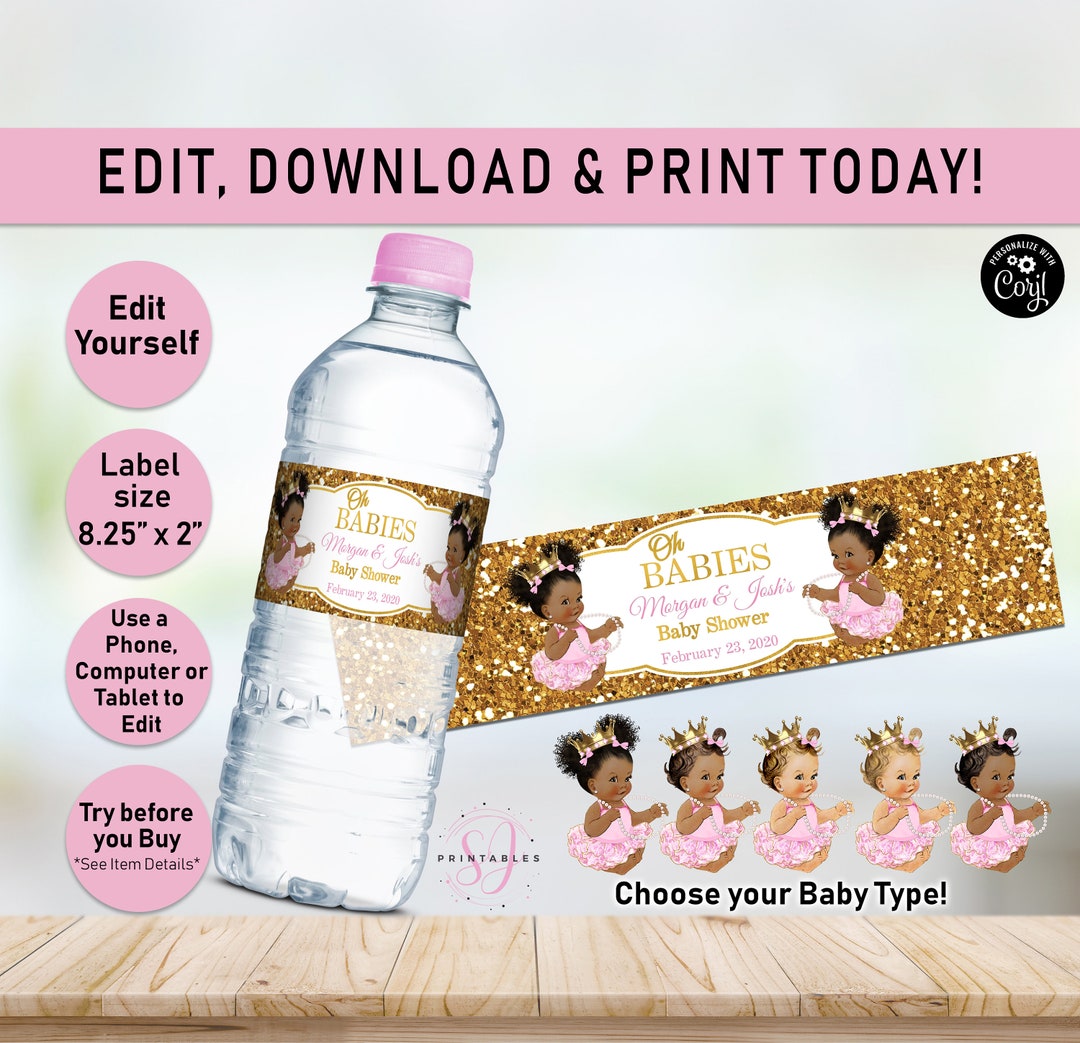 Twin Gold Glitter Oh Babies Water Labels, Princesses Water Bottle Label ...
