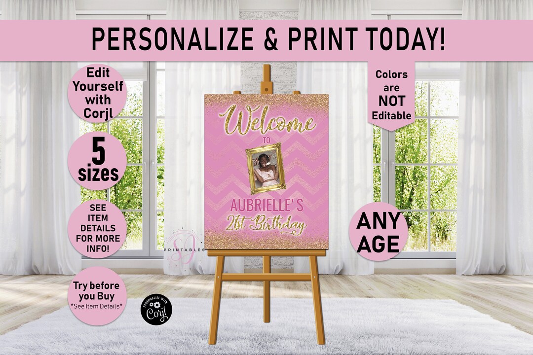 Shimmery Gold Glitter and Pink Welcome Sign, ANY AGE, Teen, Sweet 16 ...