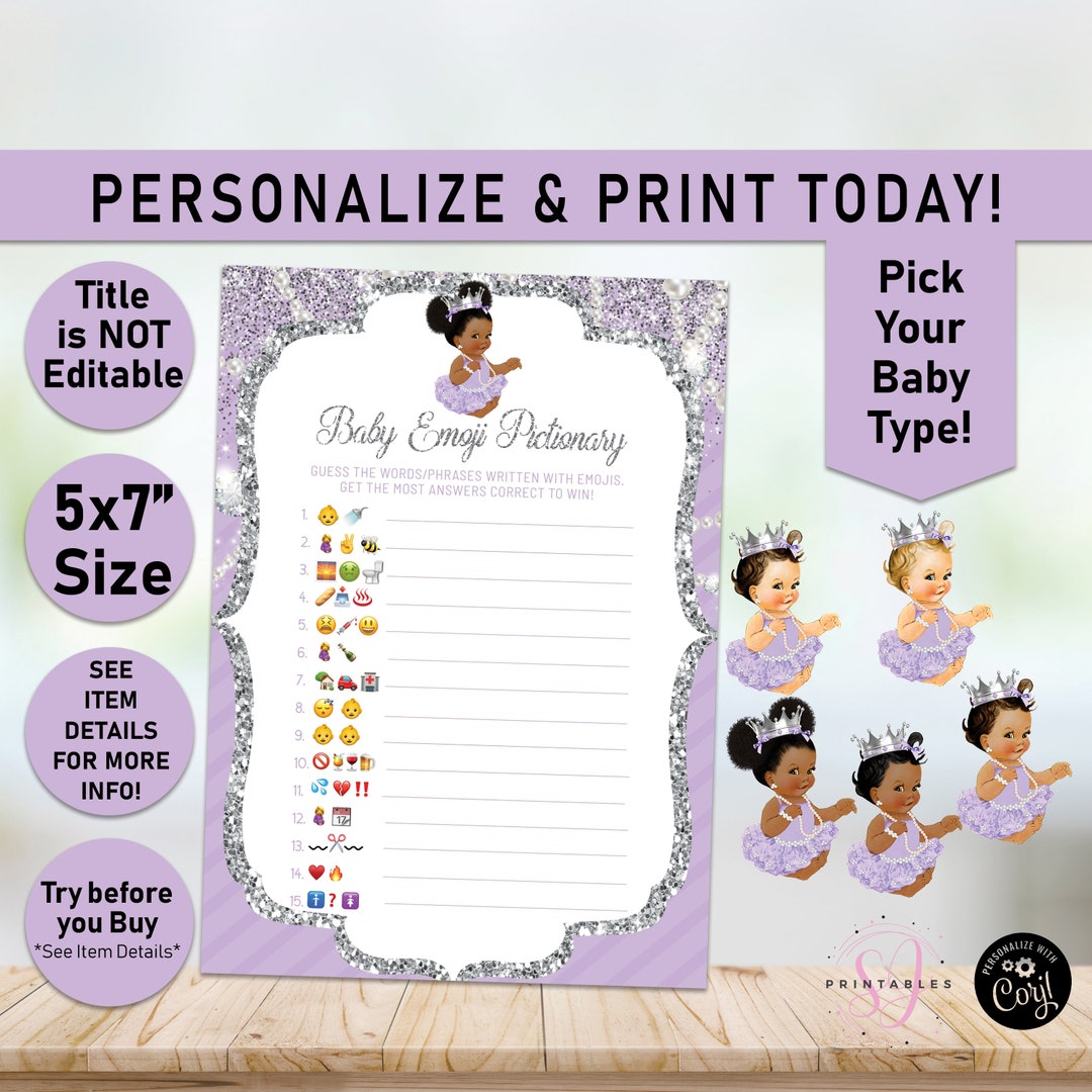 EMOJI Pictionary Baby Shower Game, Glitter & Pearls Lavender Princess ...