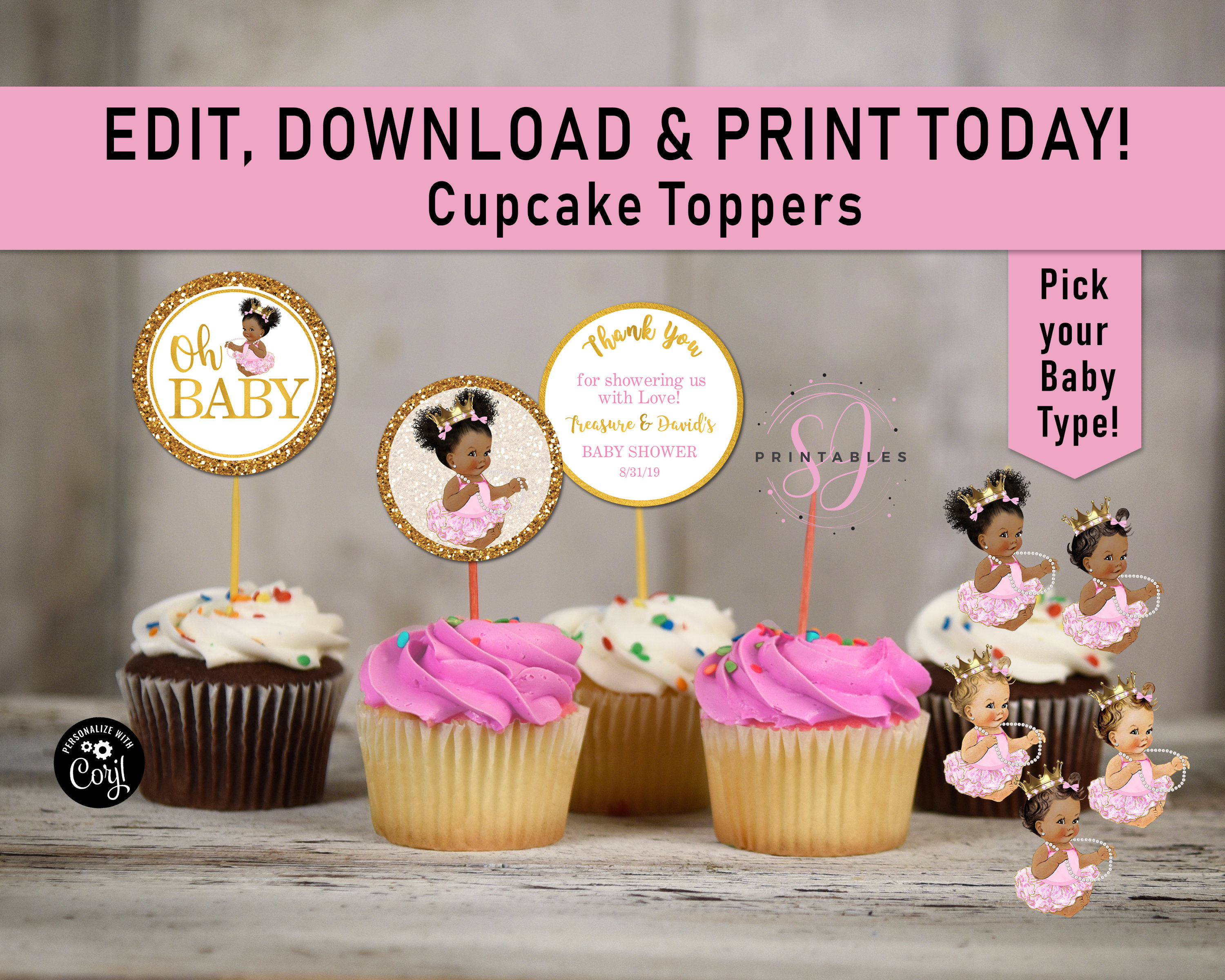 EDITABLE Pink Gold Cupcake Toppers, Pink Princess Cupcake Toppers ...