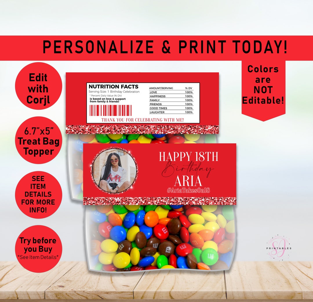 Birthday Red on Red Glitter Treat Bag Toppers, Treat Topper, Editable ...