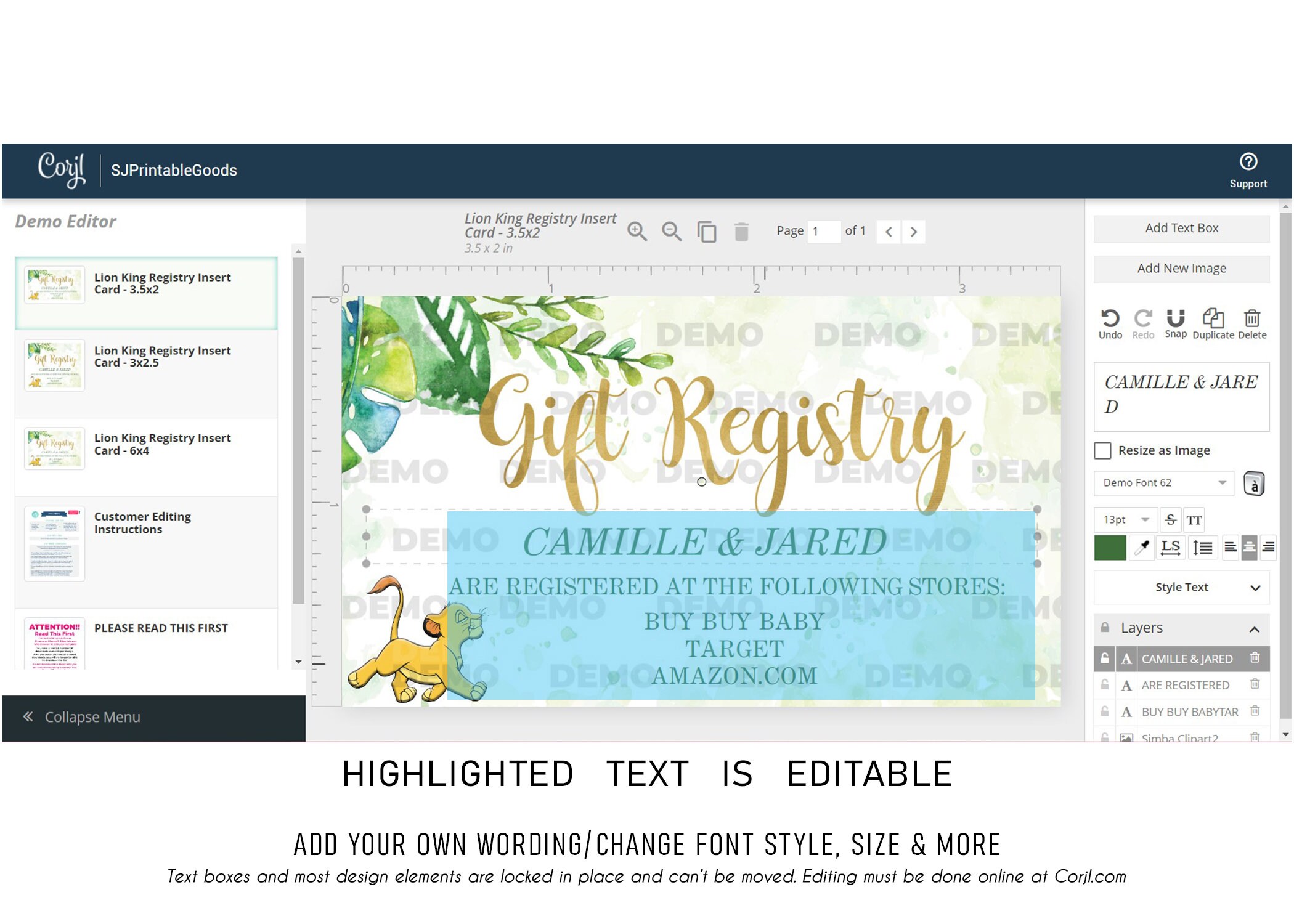 Registry Card Template, Lion King Editable Baby Shower Gift Registry ...