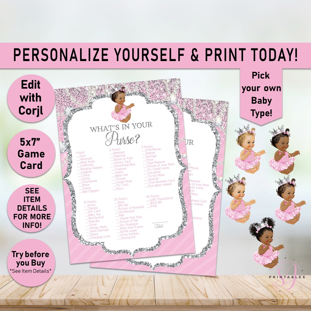 What's in Your Purse Baby Shower Game, Glitter & Pearls Pink Princess ...