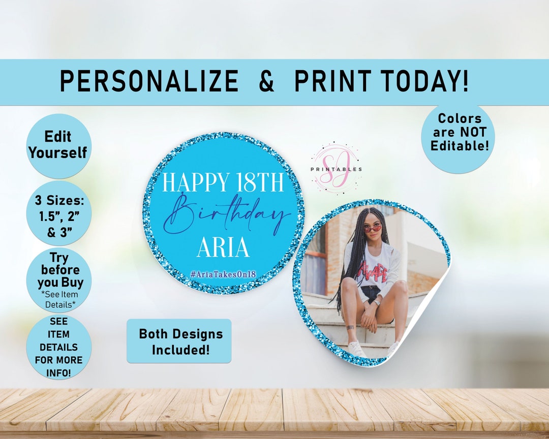 Printable Stickers, Light BLUE on Blue Glitter Birthday Favor Stickers ...