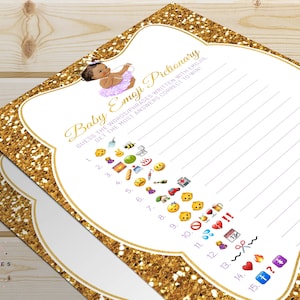 Baby Shower Game Pictionary, Purple and Gold EMOJI Pictionary Shower ...
