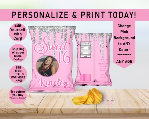 Silver Drip Glitter and ANY Color Birthday Chip Bag Wrapper | Etsy