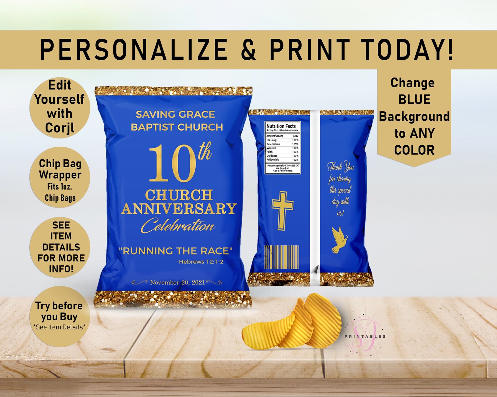 Church Anniversary Gold Glitter and ANY COLOR EDITABLE Chip Bag, Pastor ...