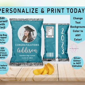Silver Glitter and ANY Other COLOR Graduation EDITABLE Chip Bag, Grad ...