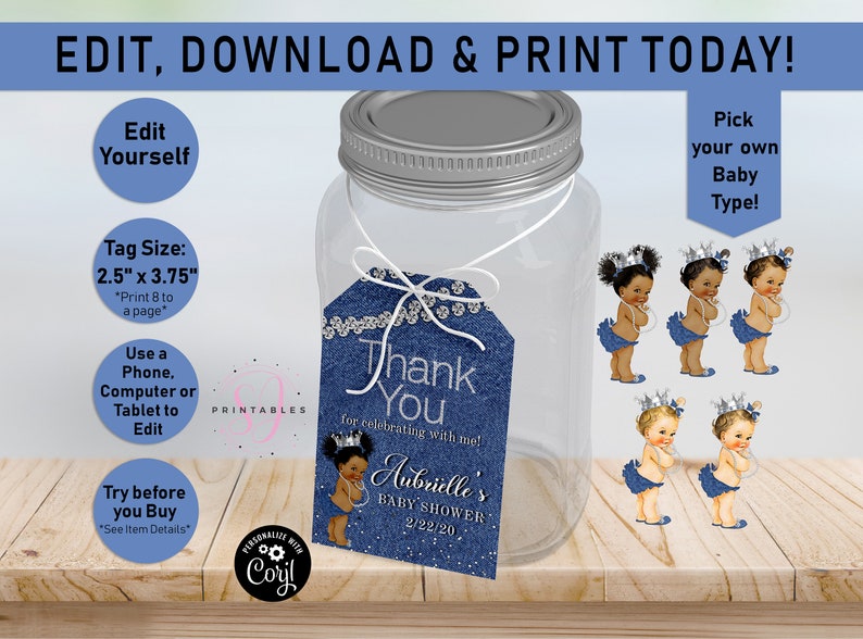 Denim and Diamonds Gift Tags, Party Favor Tag, Princess, Favor Tags ...