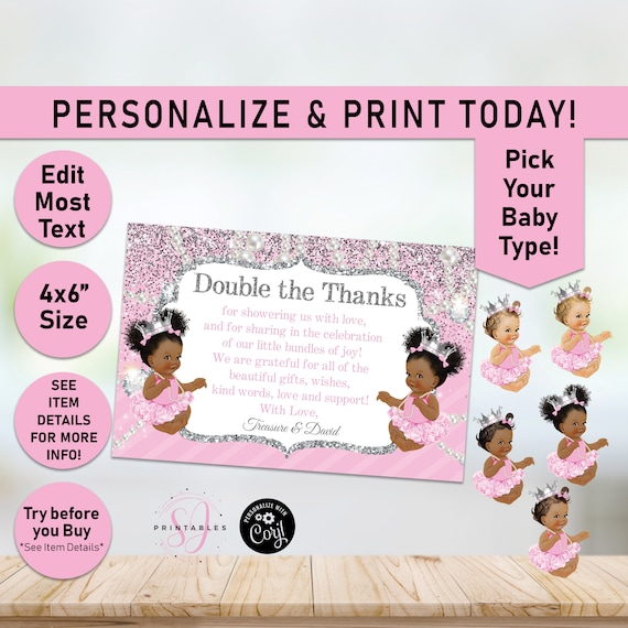 Double the Thanks Twins Thank You Card Glitter & Pearls Pink | Etsy