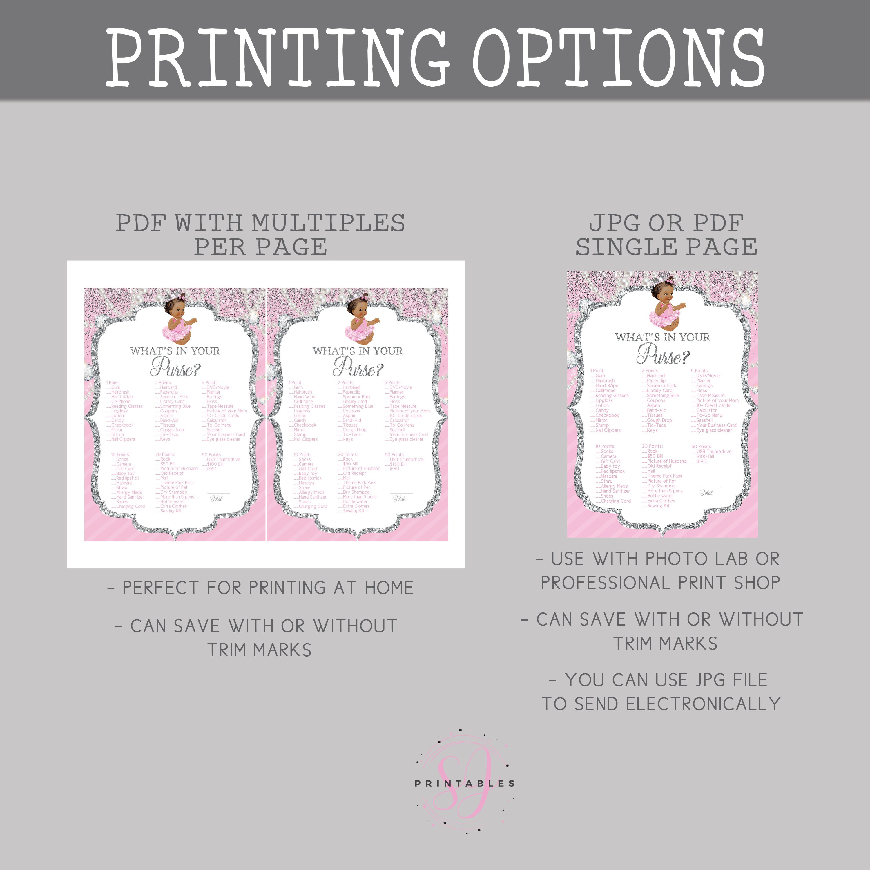 What's in Your Purse Baby Shower Game, Glitter & Pearls Pink Princess ...