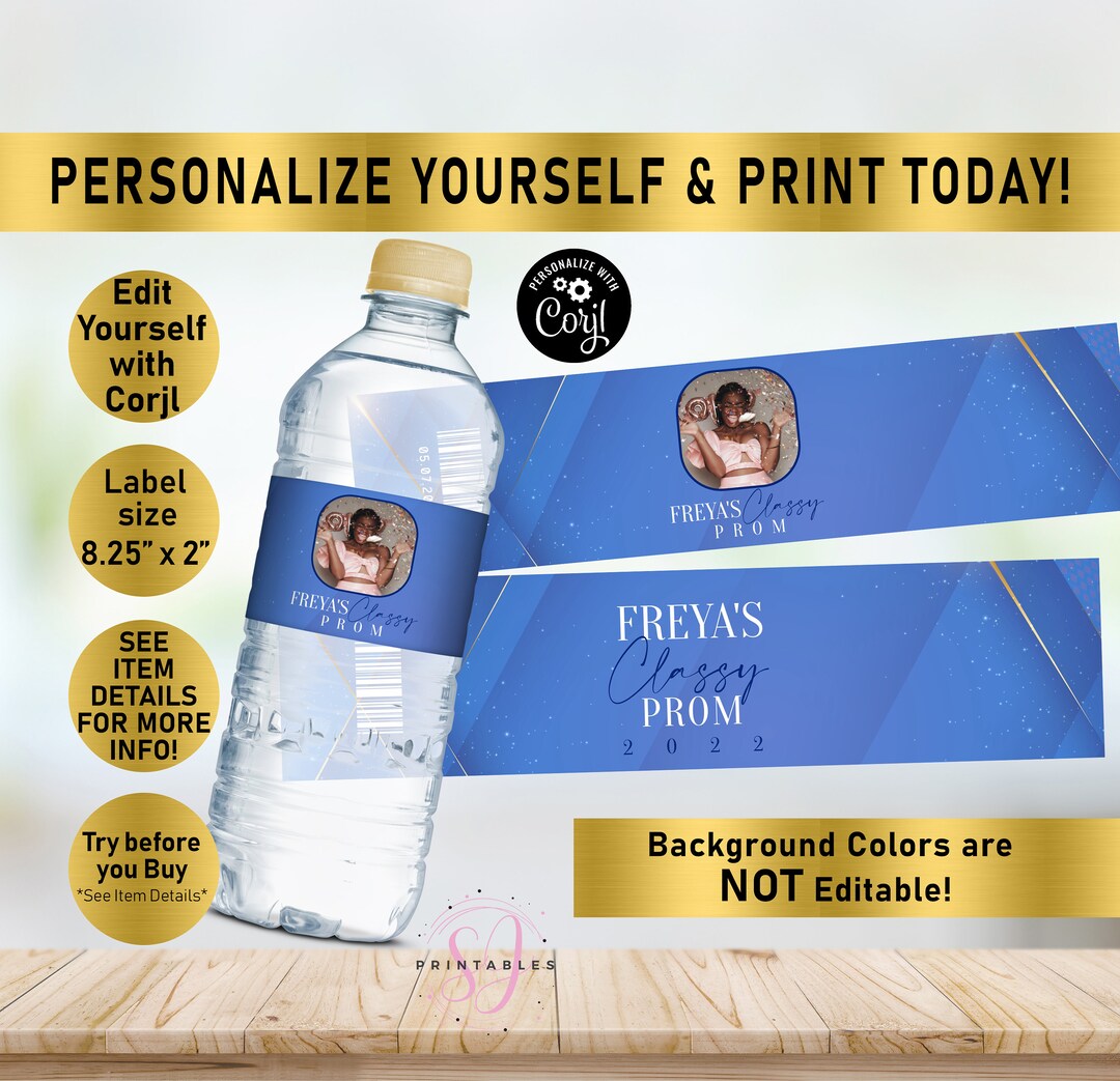 Blue and Gold PROM Send off Water Bottle Labels, Classy Prom, Dance ...