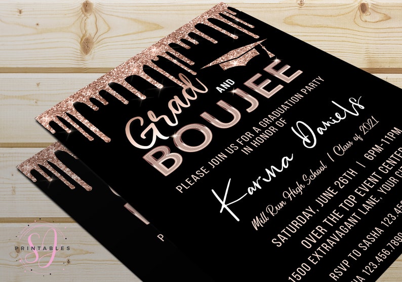 Grad and Boujee Graduation Invitation Rose Gold Glitter Drip - Etsy