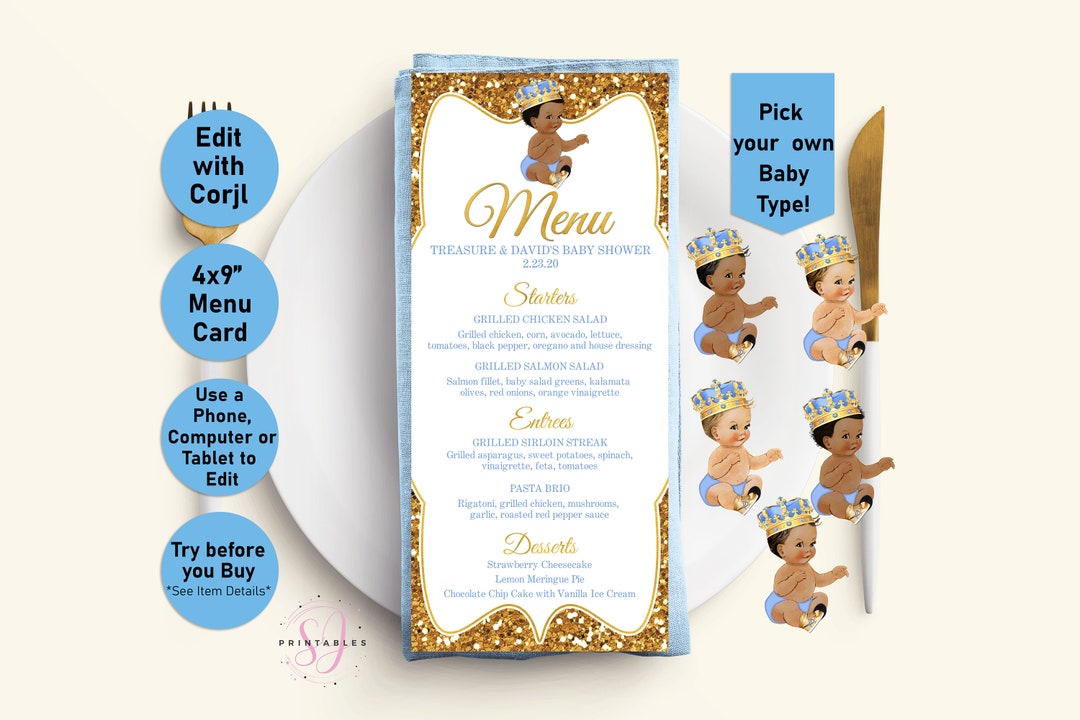 Prince Baby Shower Menu, Little Prince, Menu, Gold Glitter Menu ...