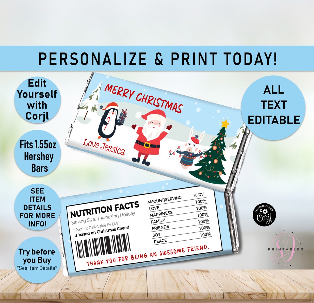 Christmas Hershey Candy Bar Wrapper Label, Editable Christmas Chocolate ...