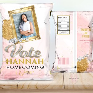 Homecoming Blush Pink Gold Chip Bag Wrapper, Homecoming Favor Bag ...