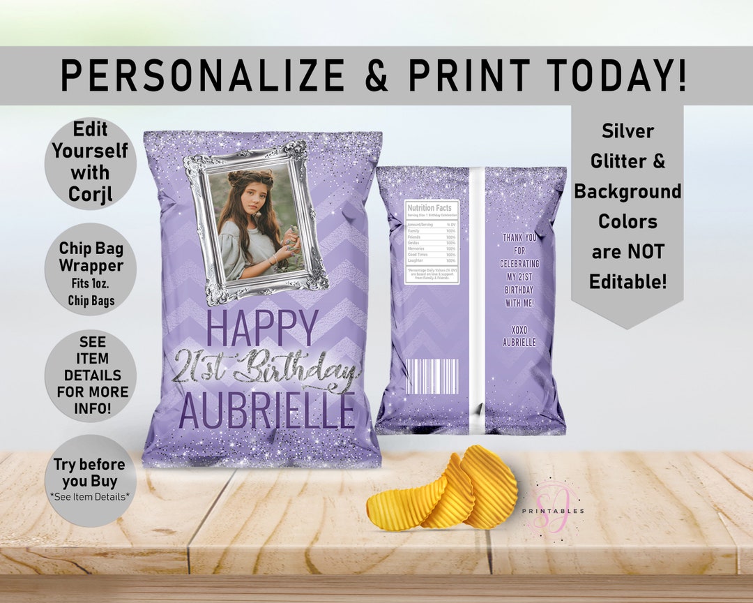 Shimmery Silver Glitter and Purple Birthday Chip Bag Wrapper, ANY AGE ...
