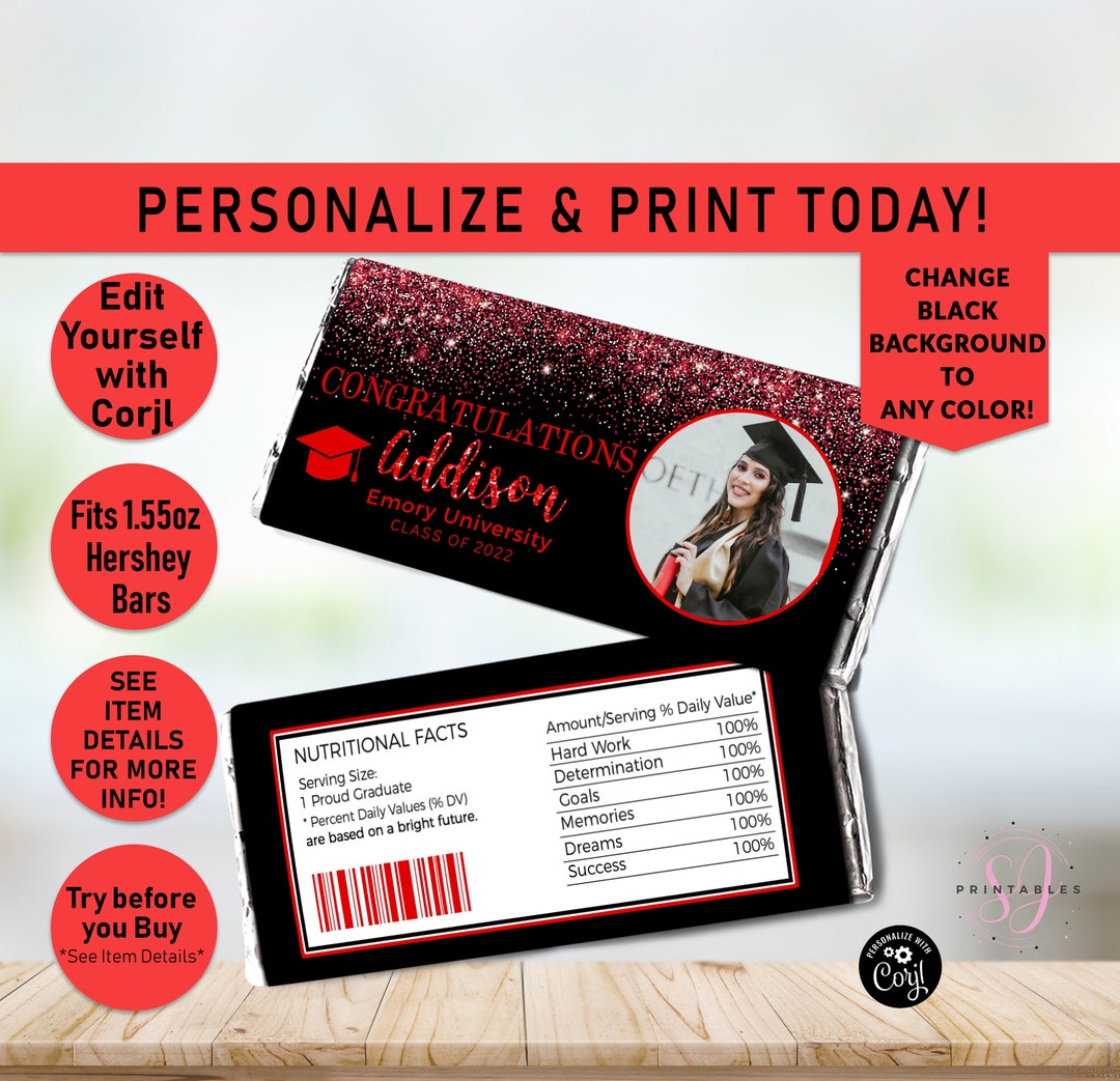 RED Glitter Congratulations Graduation Candy Bar Wrapper, Chocolate ...