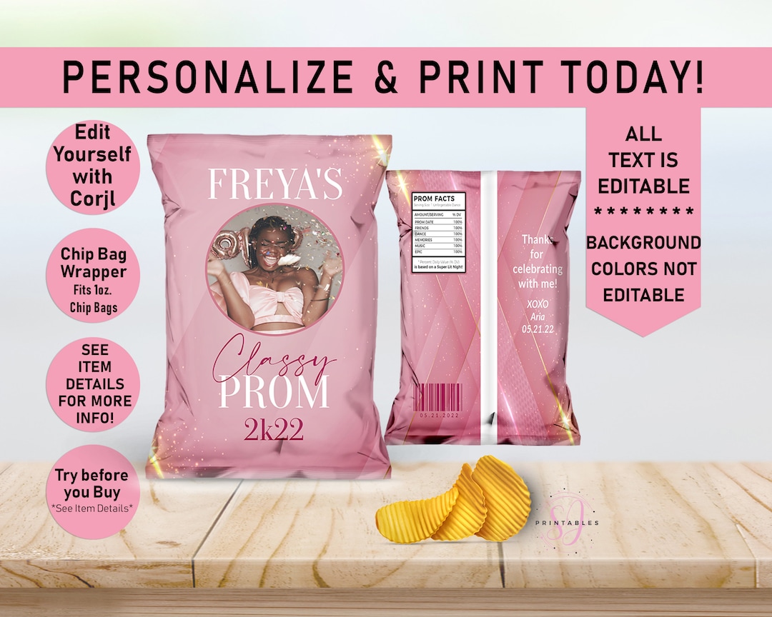 Pink and Gold PROM Chip Bag Wrapper, Prom Favor Bag, Prom Send off Chip ...