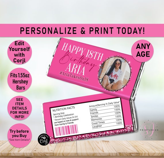 Pink Birthday Hershey Candy Bar Wrappers Pink on Pink Glitter - Etsy
