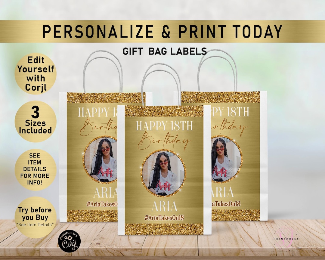Gold Glitter Birthday Gift Bag Label - ANY AGE, Glam Favor (digital ...