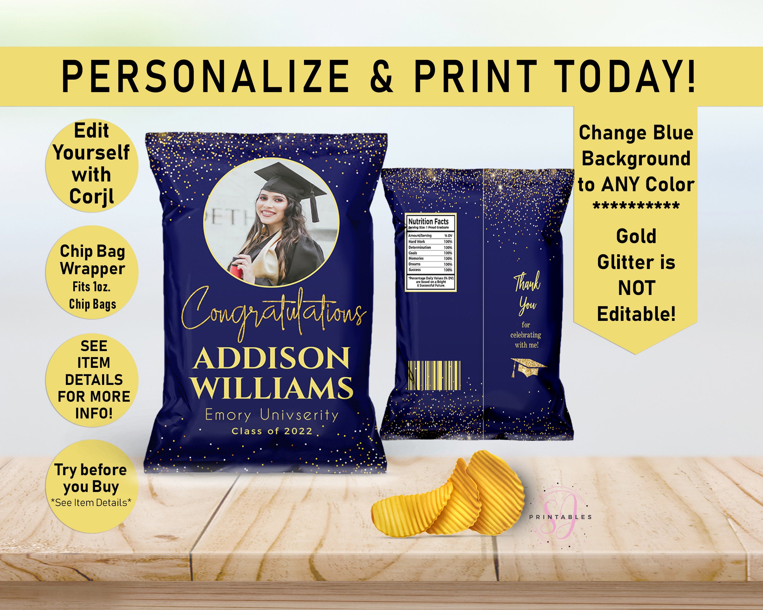 Gold Glitter Sparkle and ANY Color Graduation EDITABLE Chip - Etsy