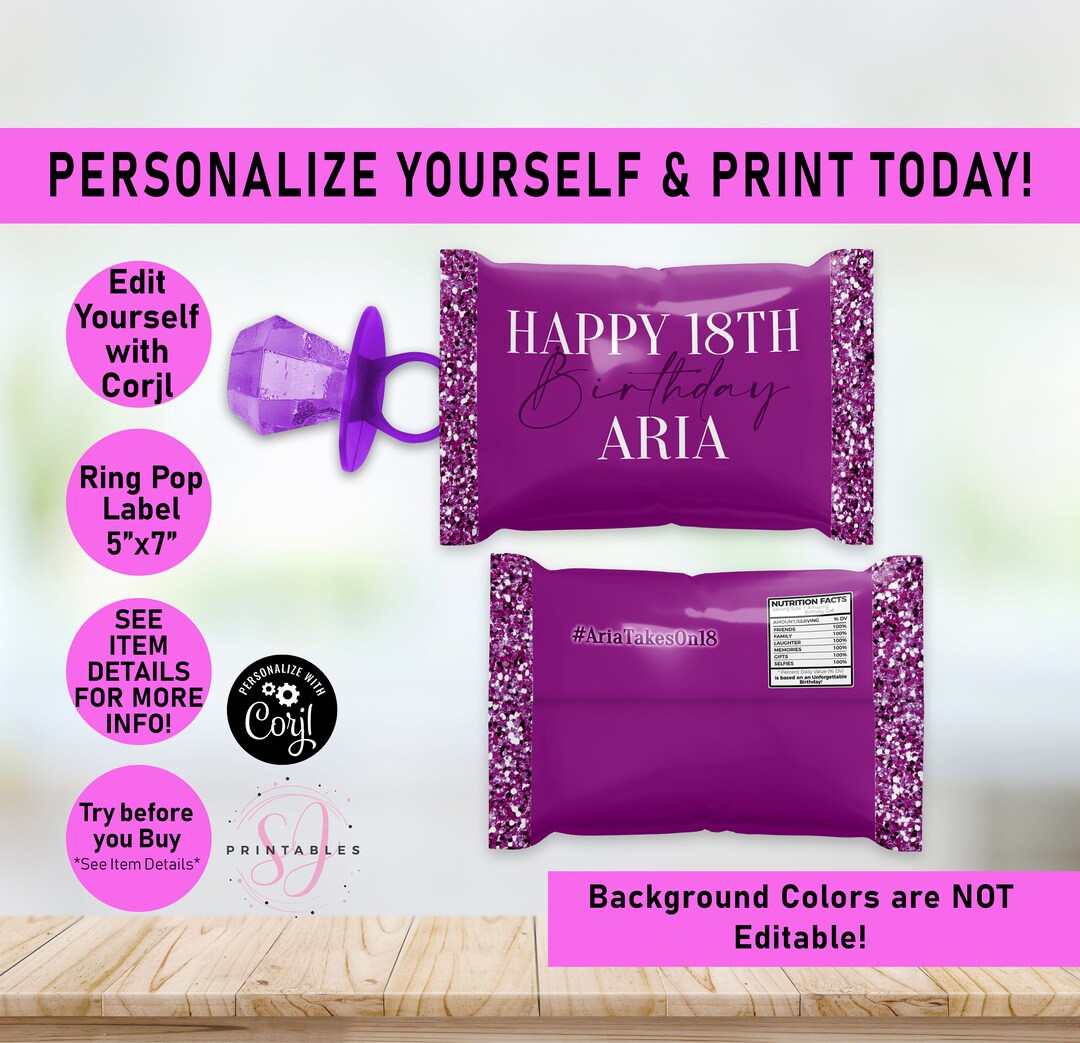 Purple RING POP Wrapper Label, Purple on Purple Glitter ANY Age ...