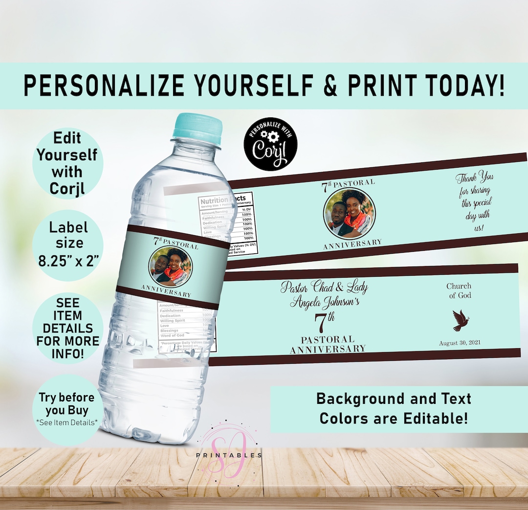 Pastoral Anniversary ANY Colors EDITABLE Water Bottle Labels, Water ...