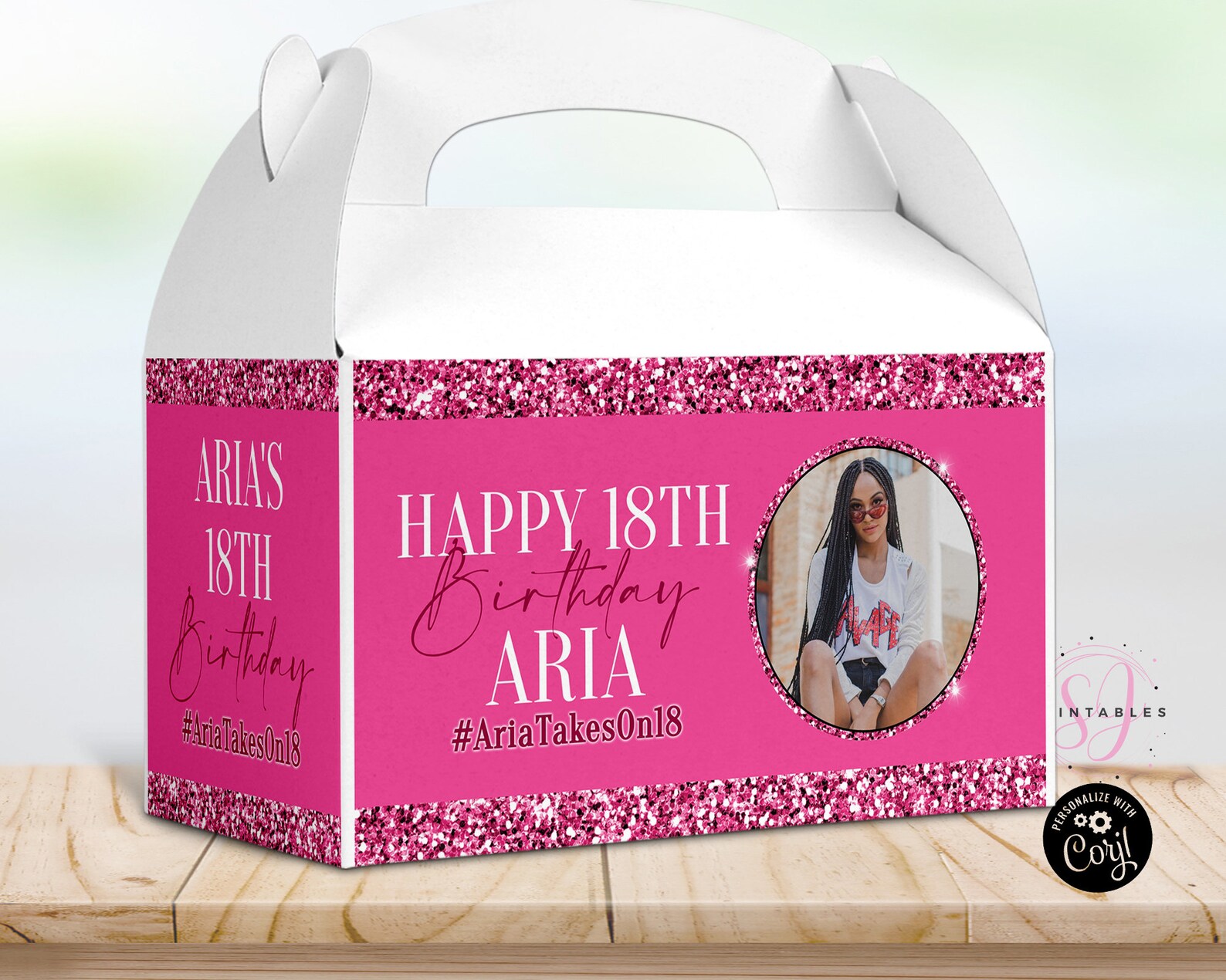 Pink Birthday Birthday Gable Gift Box Labels, Pink on Pink Glitter ANY ...