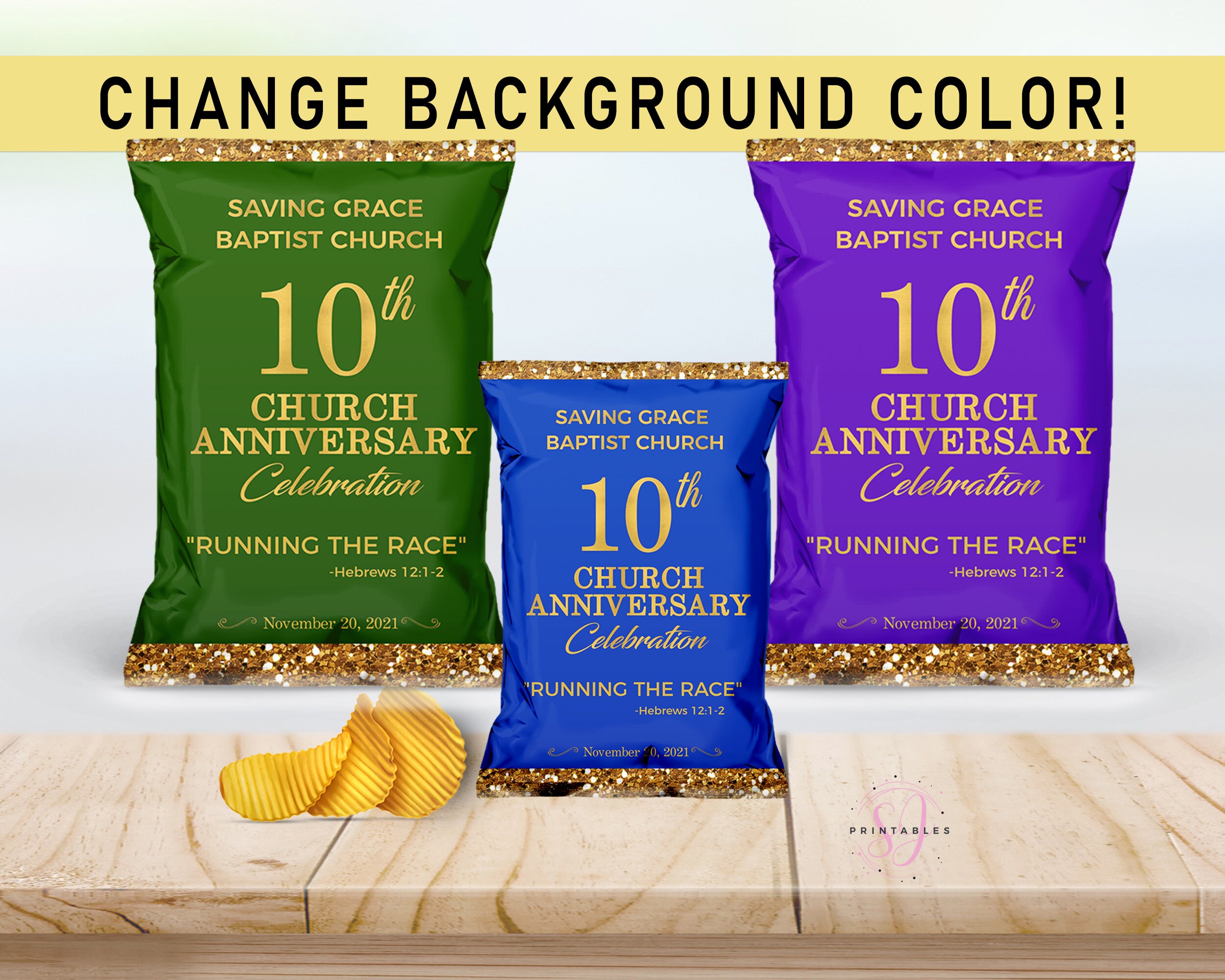 Church Anniversary Gold Glitter and ANY COLOR EDITABLE Chip Bag, Pastor ...