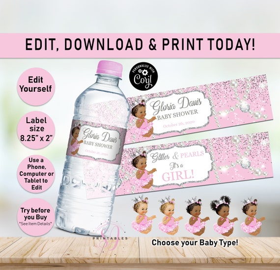 Glitter & Pearls Pink Water Labels Girl Water Bottle Labels - Etsy
