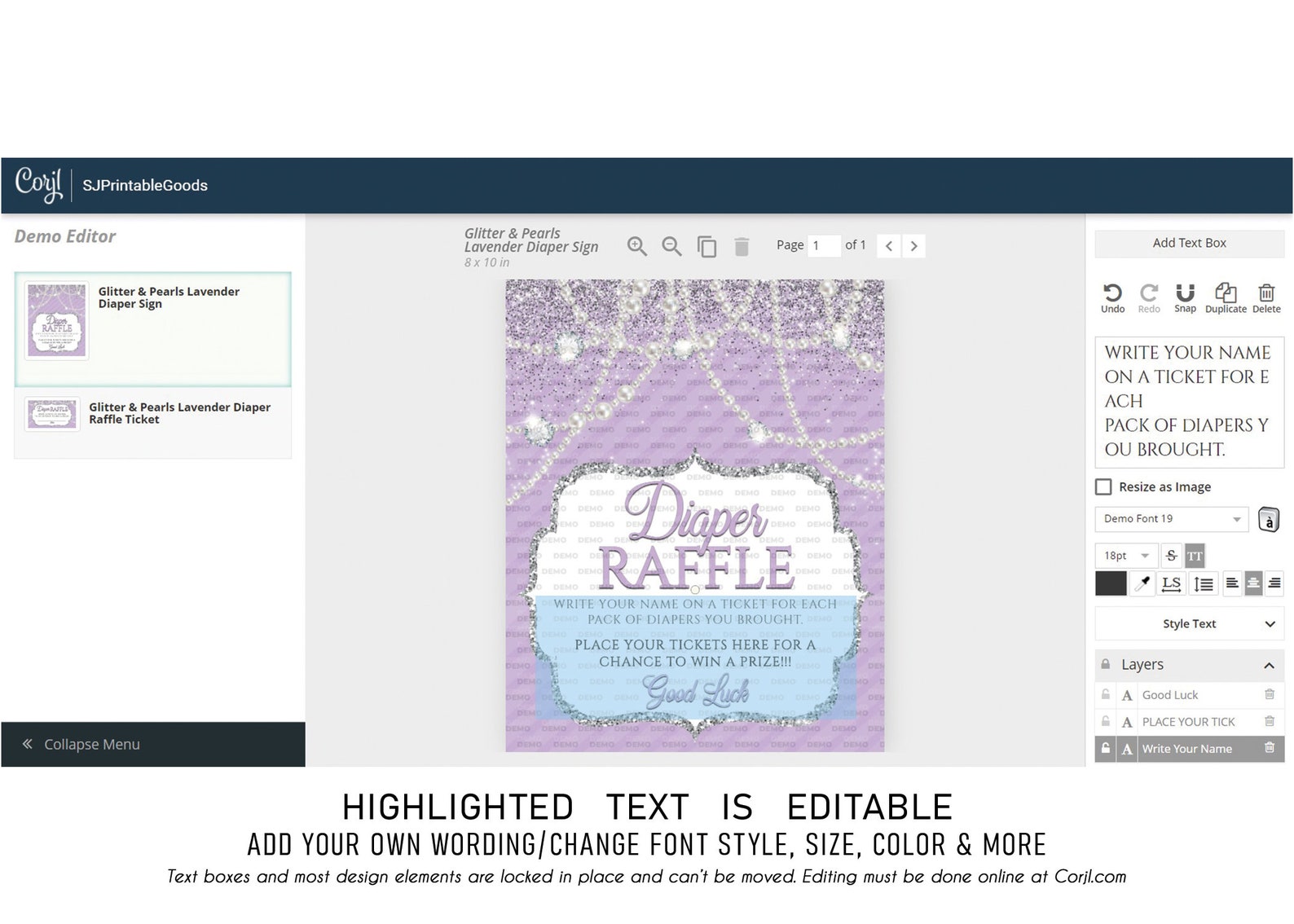 Glitter & Pearls Lavender Diaper Raffle Sign, Diaper Raffle Game, Baby ...